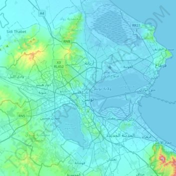 Tunis topographic map, elevation, terrain