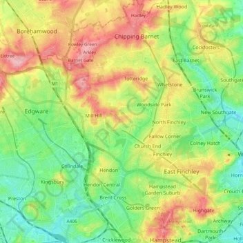 London topographic map, elevation, terrain